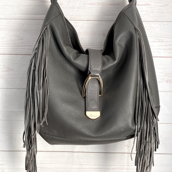 G.I.L.I. | Bags | Gili Gray Leather Hobo Bag With Fringe Soft Pebbled ...